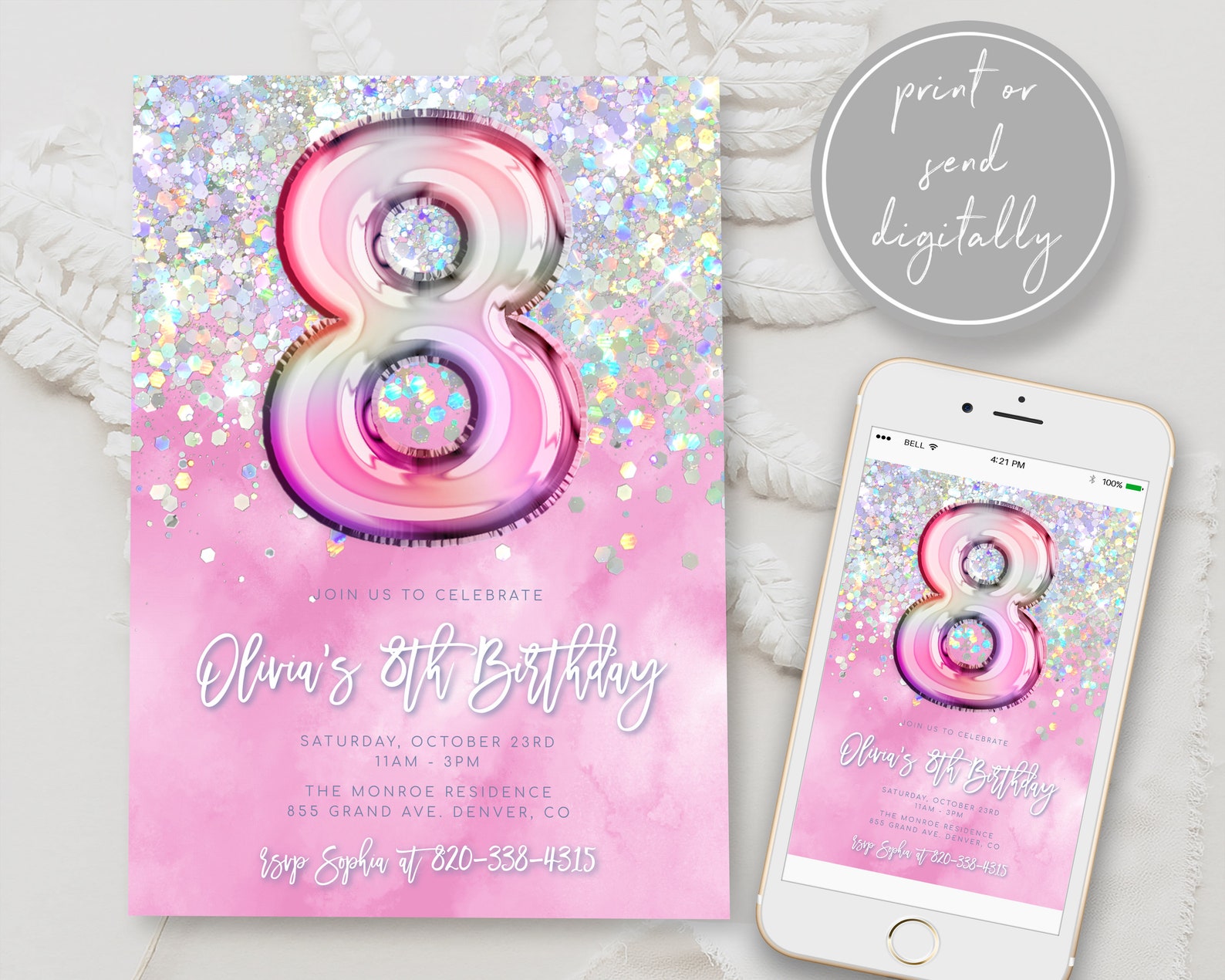 Editable Pink 8th Birthday Invitation Template Glitter Birthday Party ...