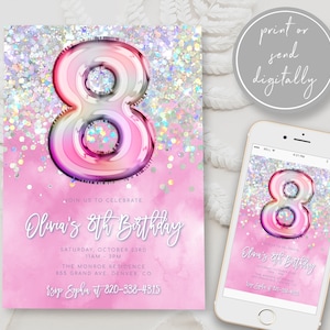 Editable Pink 8th Birthday Invitation Template Glitter Birthday Party ...