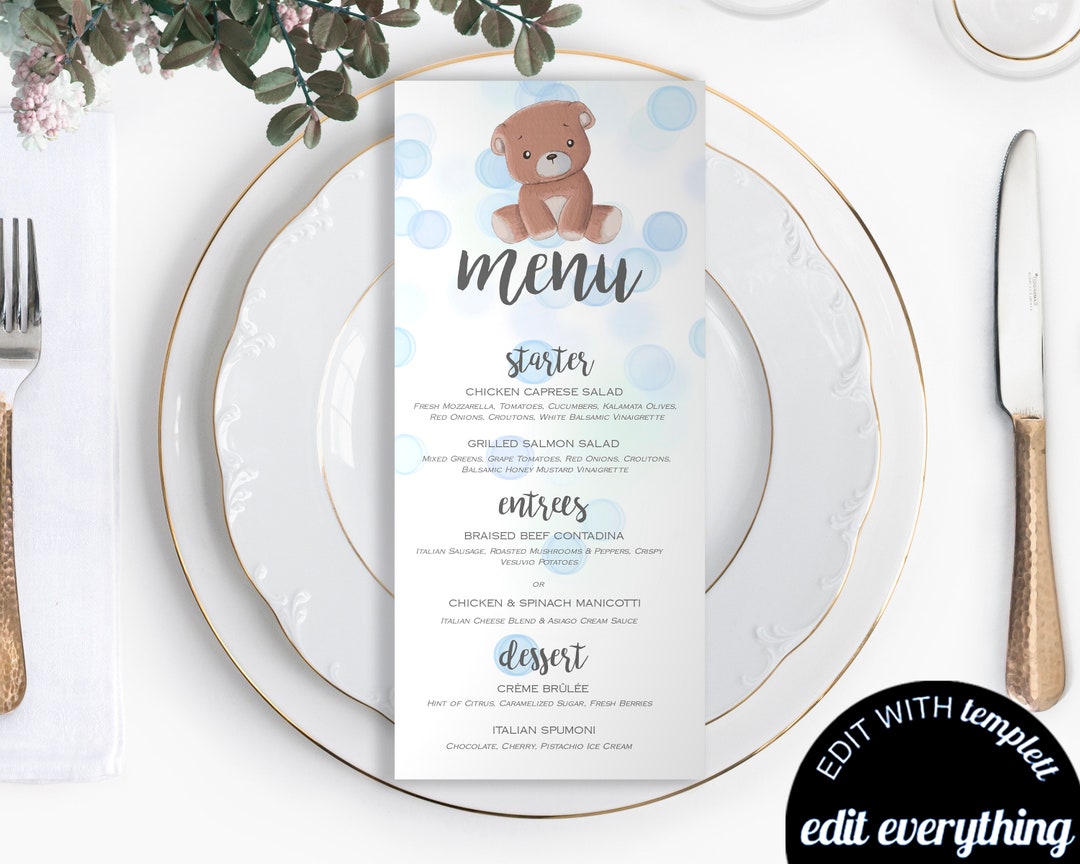 Bear Baby Shower Menu Template Bear Menu Cards Teddy Bear Birthday Menu ...