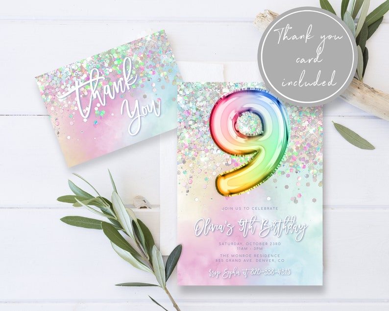 Editable 9th Birthday Invitation Template Rainbow Glitter - Etsy