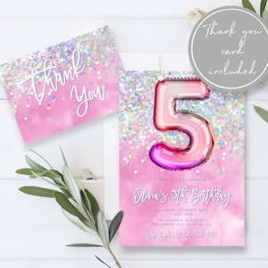 Editable Pink 5th Birthday Invitation Template Glitter Birthday Party ...