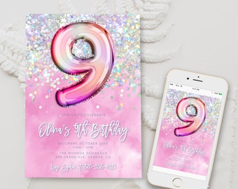 Editable 9th Birthday Invitation Template, Girls Glitter Foil Ninth ...