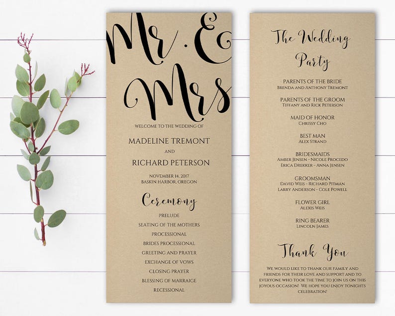 Mr and Mrs Wedding Program Template - Tea Length Wedding Programs ...
