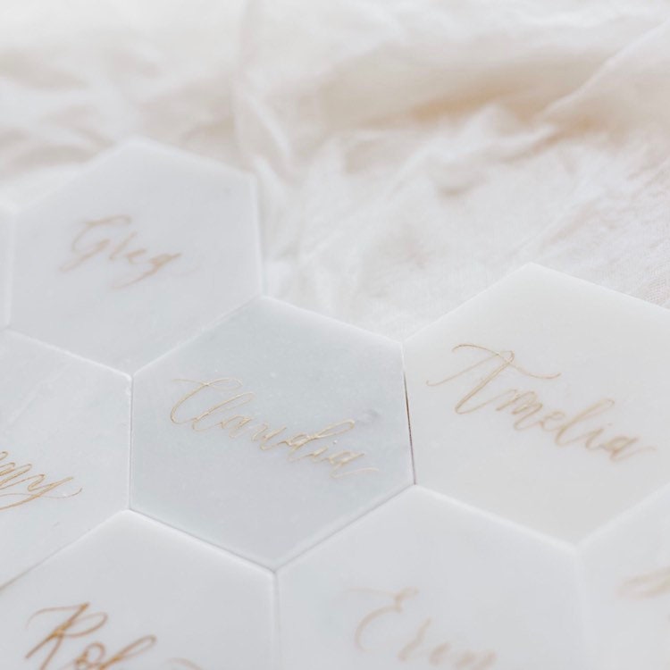 Marble Place Cards, Handwritten Calligraphy on Marble Tiles // Escort ...