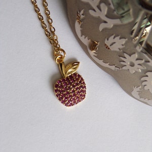 Gold Apple Necklace With Shiny Red Zircon Gemstones Handcrafted Jewelry ...