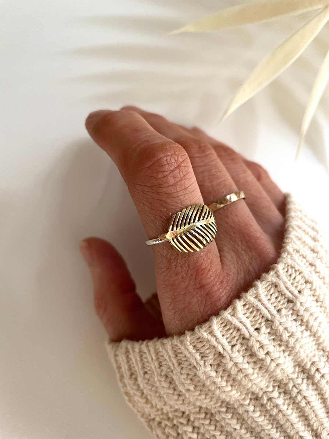 Runa Minimalist PALM LEAF RING /organic Gold Ring/ Dainty Ring/ Statement Ring/ Boho Ring ...