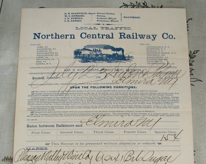 Neat 1883 NORTHERN CENTRAL RAILWAY Freight Receipt, Steam Train, 6 ...