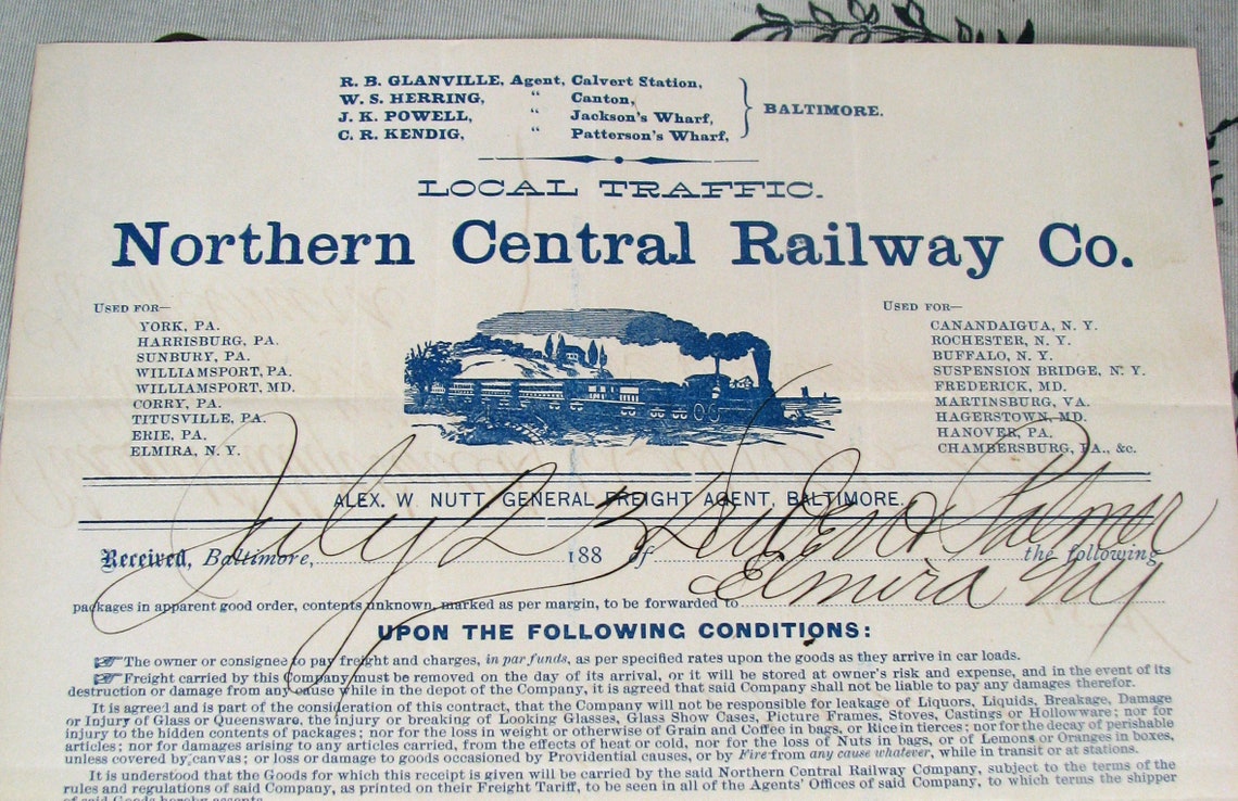 Neat 1883 NORTHERN CENTRAL RAILWAY freight receipt Steam | Etsy