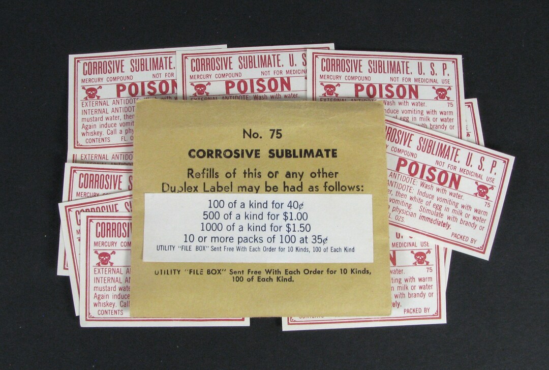 Envelope With 26 CORROSIVE SUBLIMATE POISON Bottle Labels, Obsolete ...