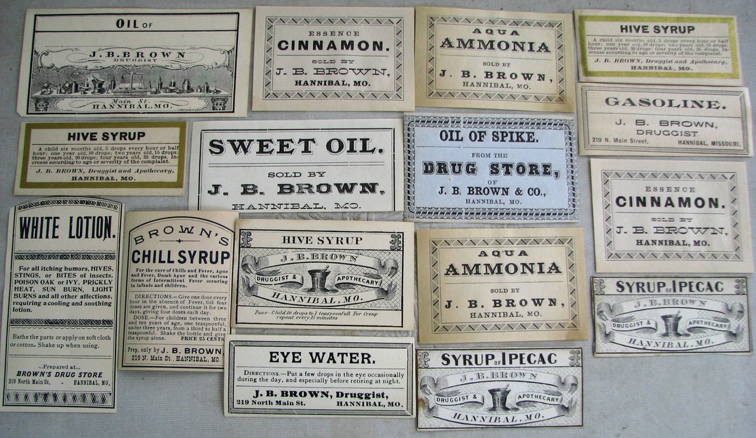 16 Old 1860s-90s HANNIBAL MISSOURI Medicine Labels, J B BROWN Drug ...