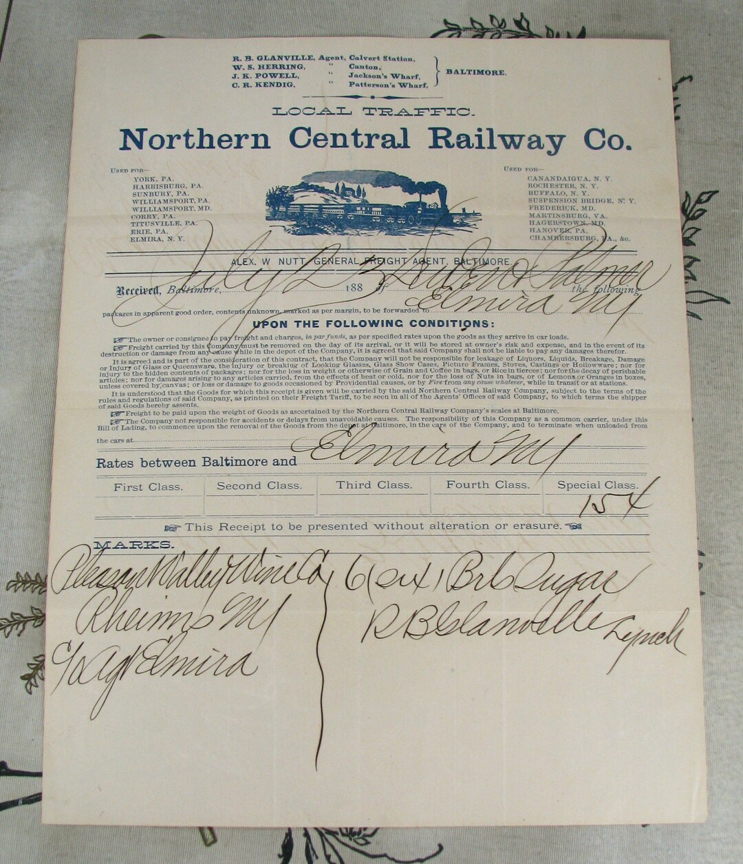 Neat 1883 NORTHERN CENTRAL RAILWAY freight receipt, Steam Train, 6 ...