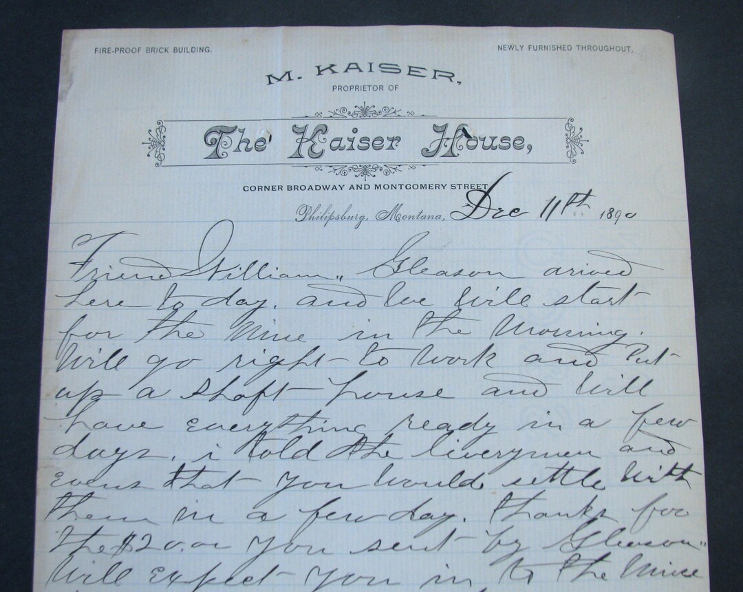 Old 1890 PHILIPSBURG MONTANA Letterhead, the KAISER House, Hotel ...
