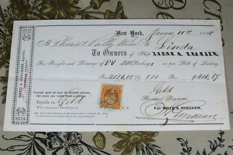 PAYABLE in GOLD 1868 Shipping Receipt Pleasant Valley Wine - Etsy