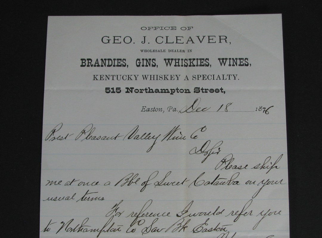 1876 Old EASTON PENNSYLVANIA Whiskey Letterhead, George CLEAVER, Liquor ...