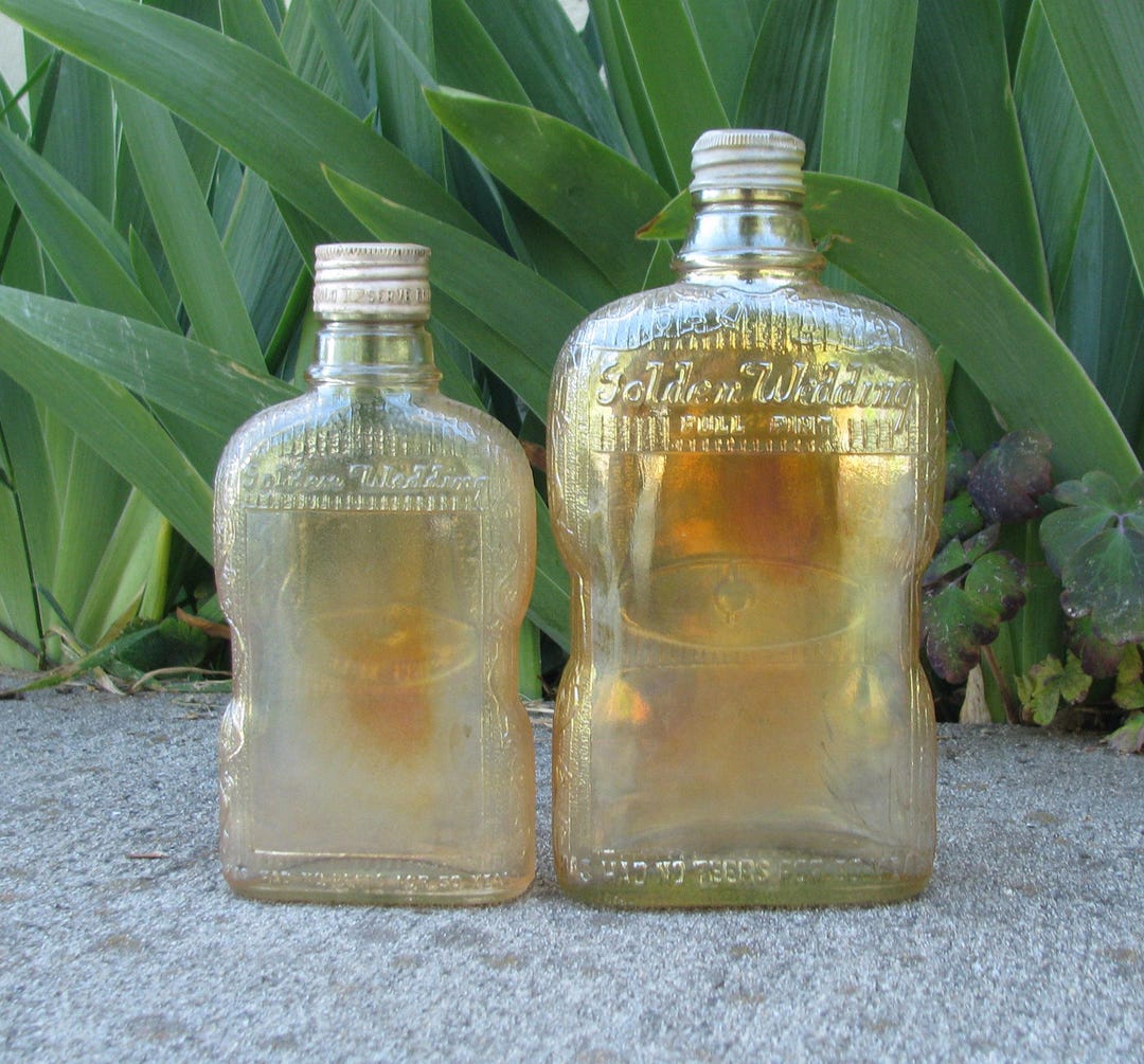 Vintage Carnival Glass Whiskey Flasks, Golden Wedding Bottles, 1930s ...