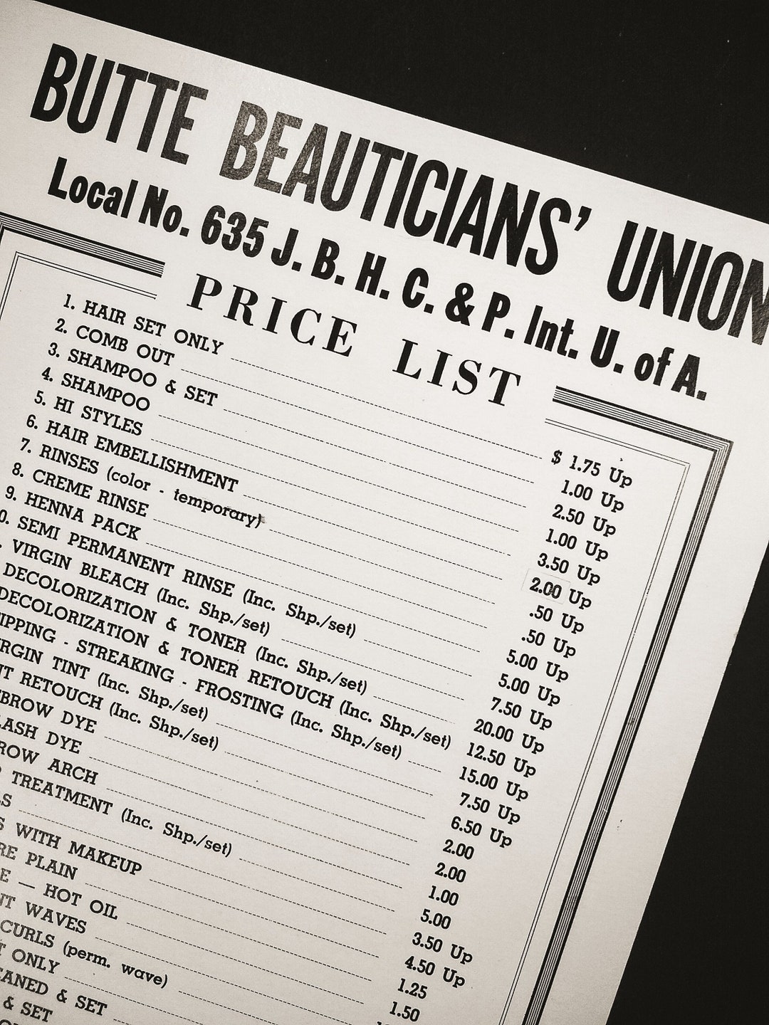 Neat 1950s BEAUTICIANS UNION Price List, 1950s Beauty Shop, Old Butte ...