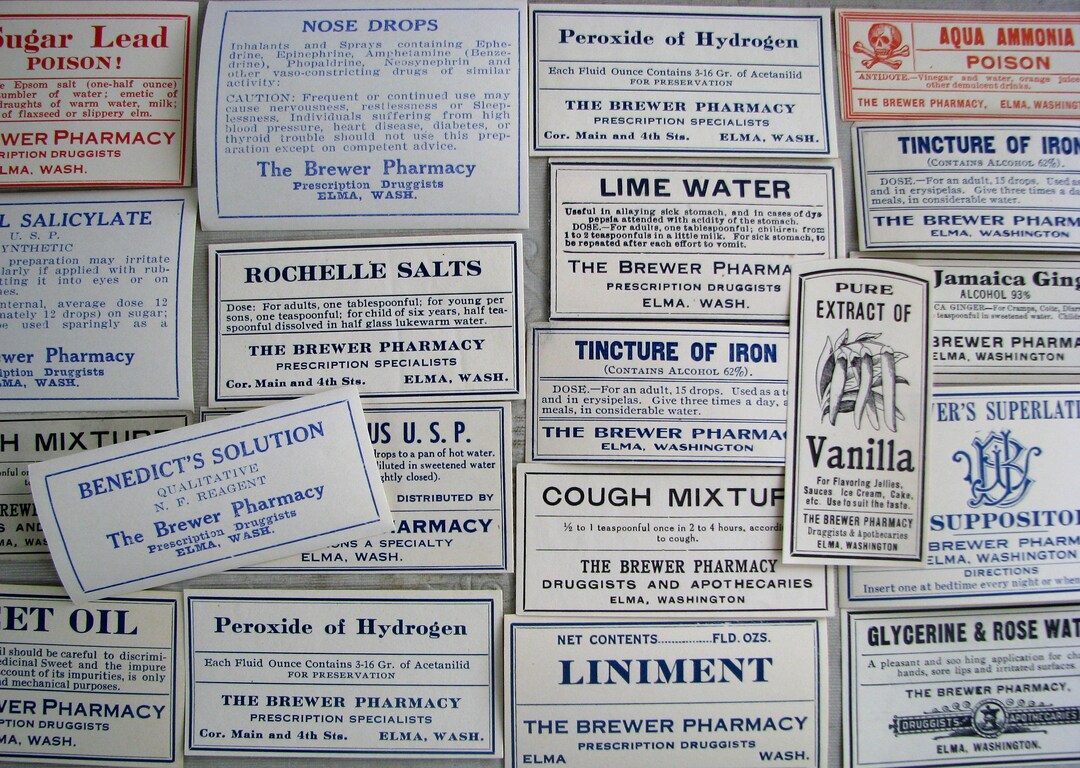 20 Old ELMA WASHINGTON Poison and Medicine Labels, the BREWER Pharmacy ...