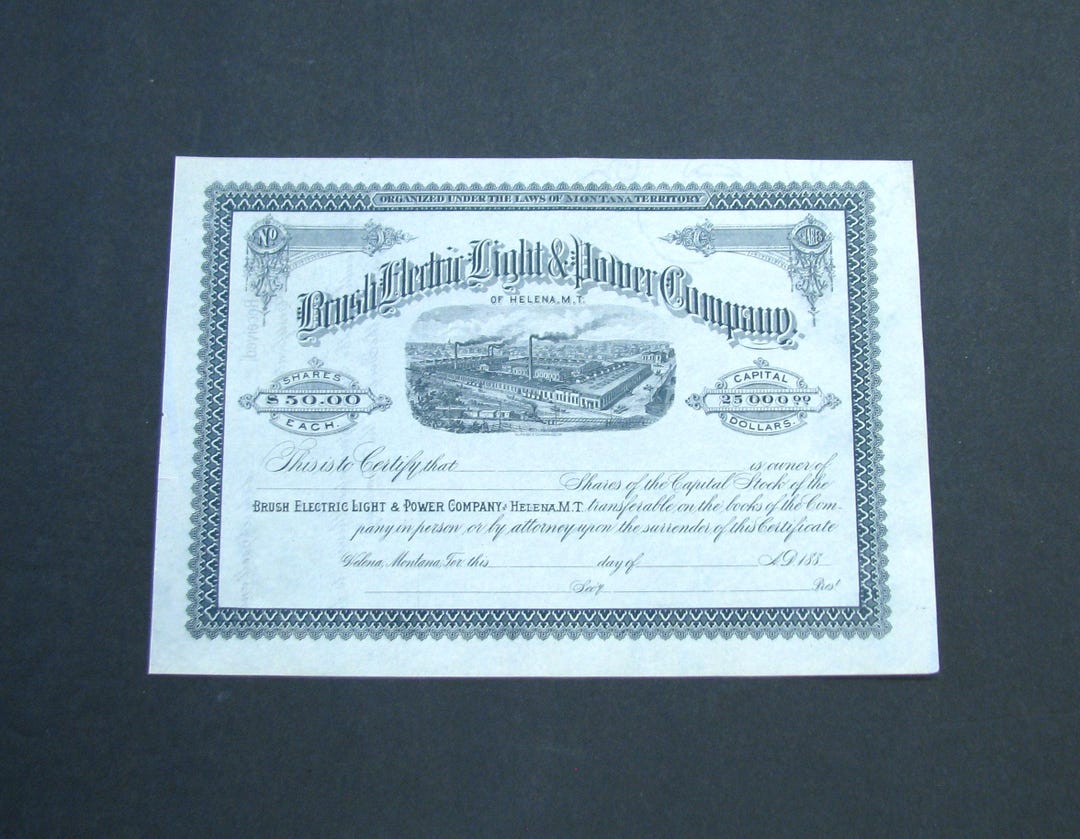 1880s Old HELENA, Montana Territory Stock Certificate, BRUSH ELECTRIC ...
