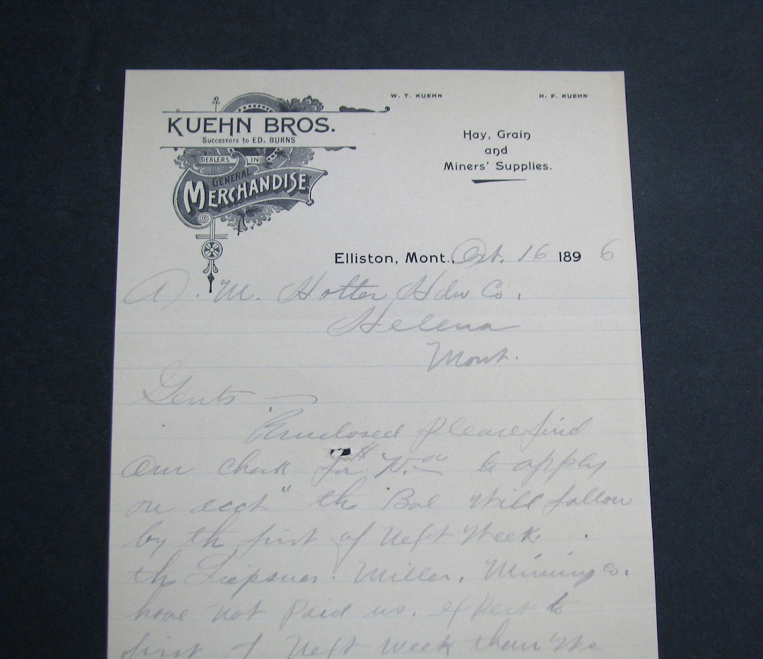 Old 1896 ELLISTON MONTANA Letterhead, Kuehn Brothers, General ...