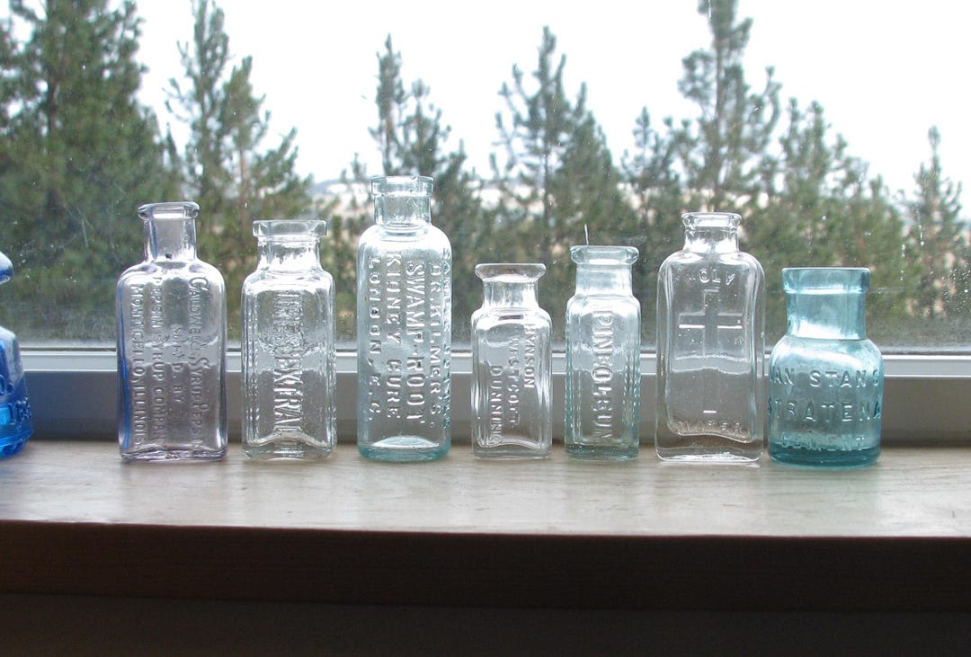 Set of 7 Small Old Bottles, KILMER'S Swamp Root CURE, Holy Water ...