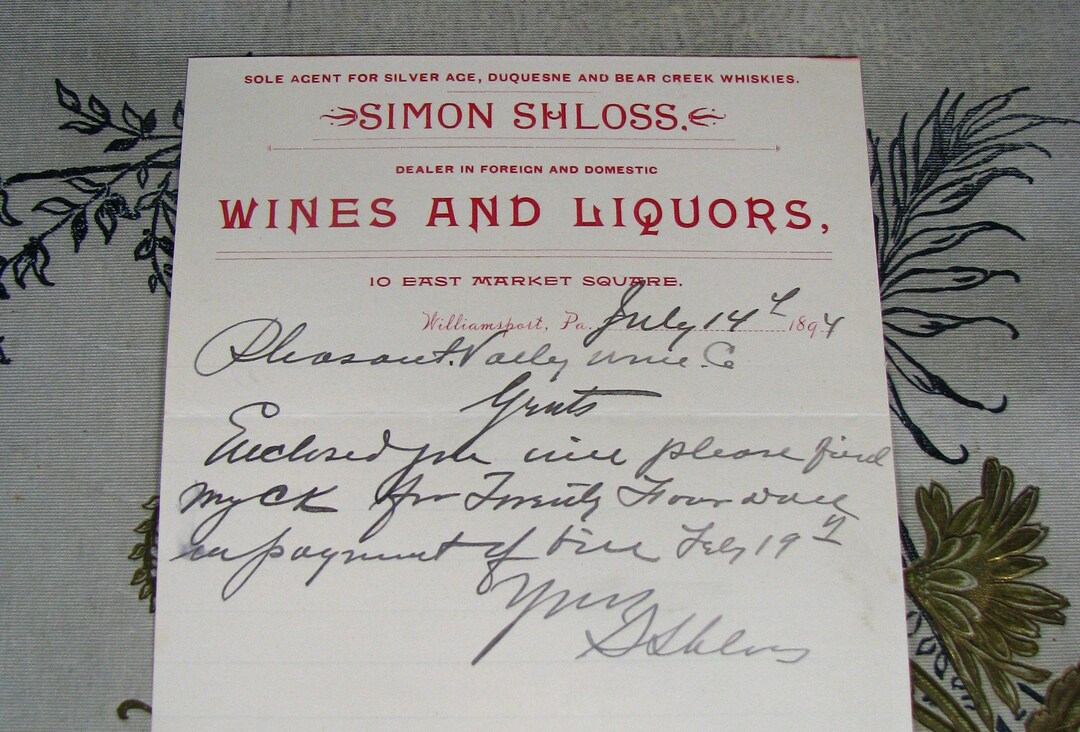 1894 Simon Shloss Whiskey Letterhead - Williamsport PA Liquor Ephemera ...