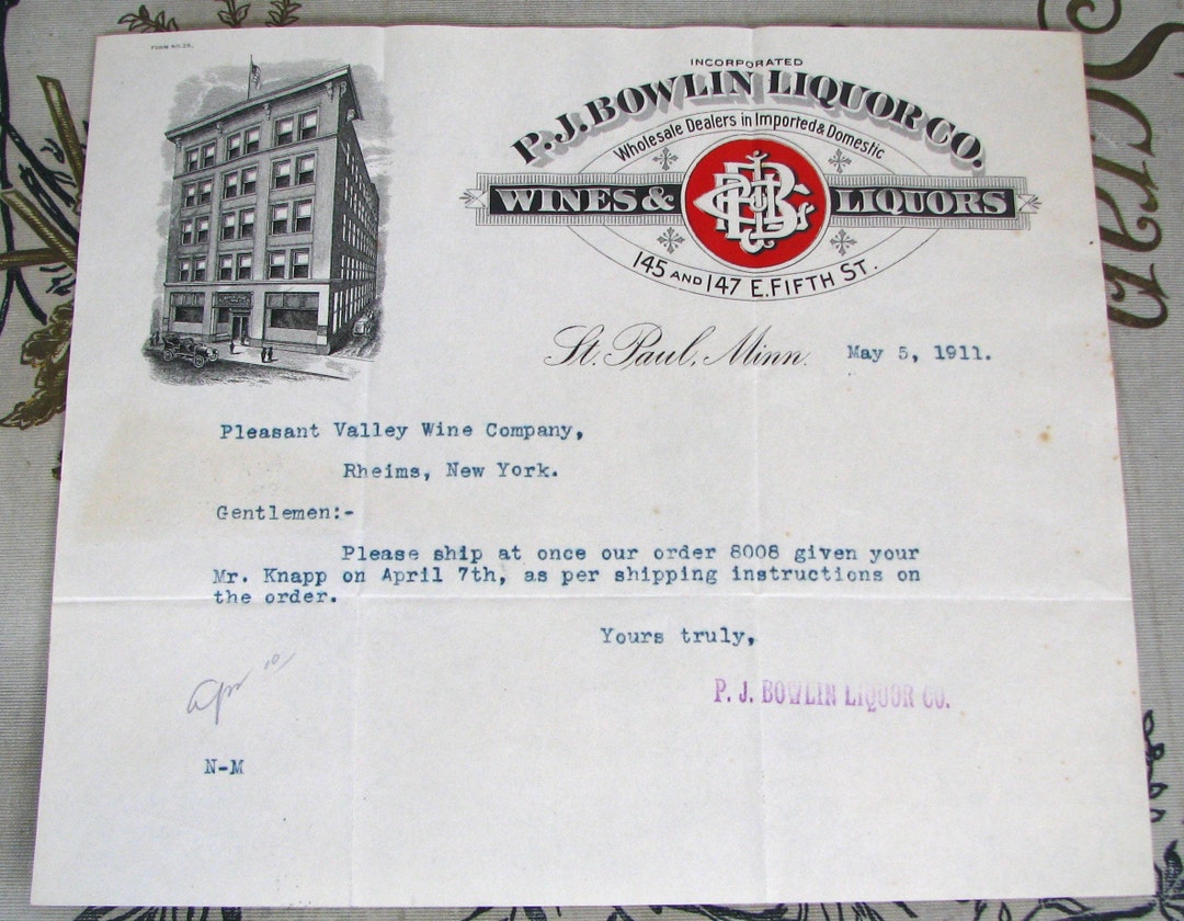 1911 Old ST PAUL MINNESOTA Liquors Letterhead, P J Bowlin Whiskies ...