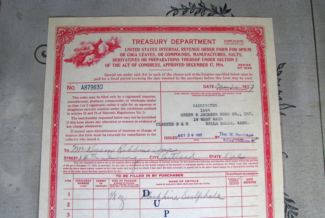 Obsolete 1937 IRS OPIUM & NARCOTICS Paper Order Form, Series of 1936 ...