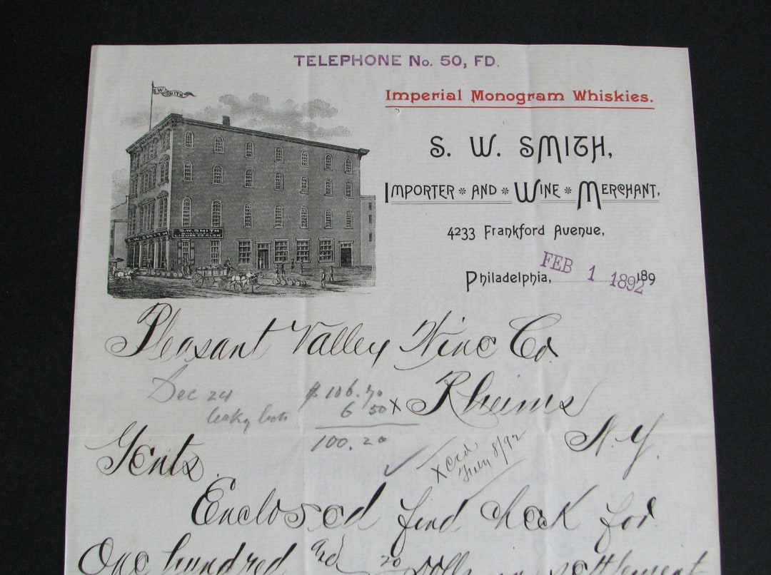 Imperial MONOGRAM Whiskies, 1892 S W SMITH Wine Merchant Letterhead ...