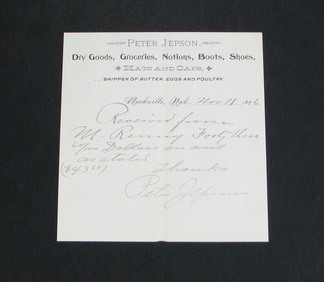 1896 Old ROCKVILLE NEBRASKA Letterhead, Peter JEPSON Dry Goods ...