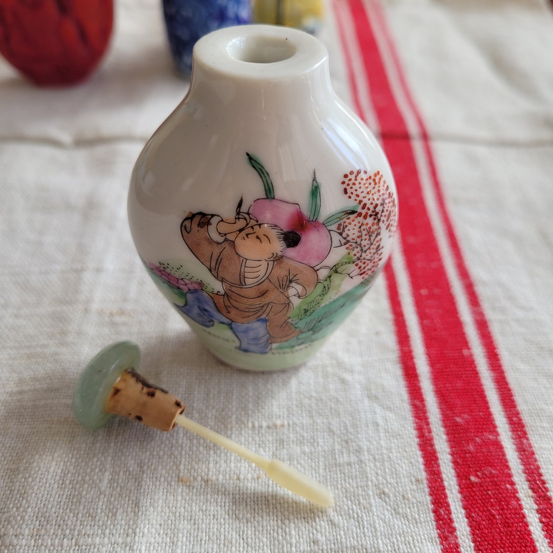 Small Chinese Porcelain Snuff Bottle, Jade Stopper With Spoon, Marked ...