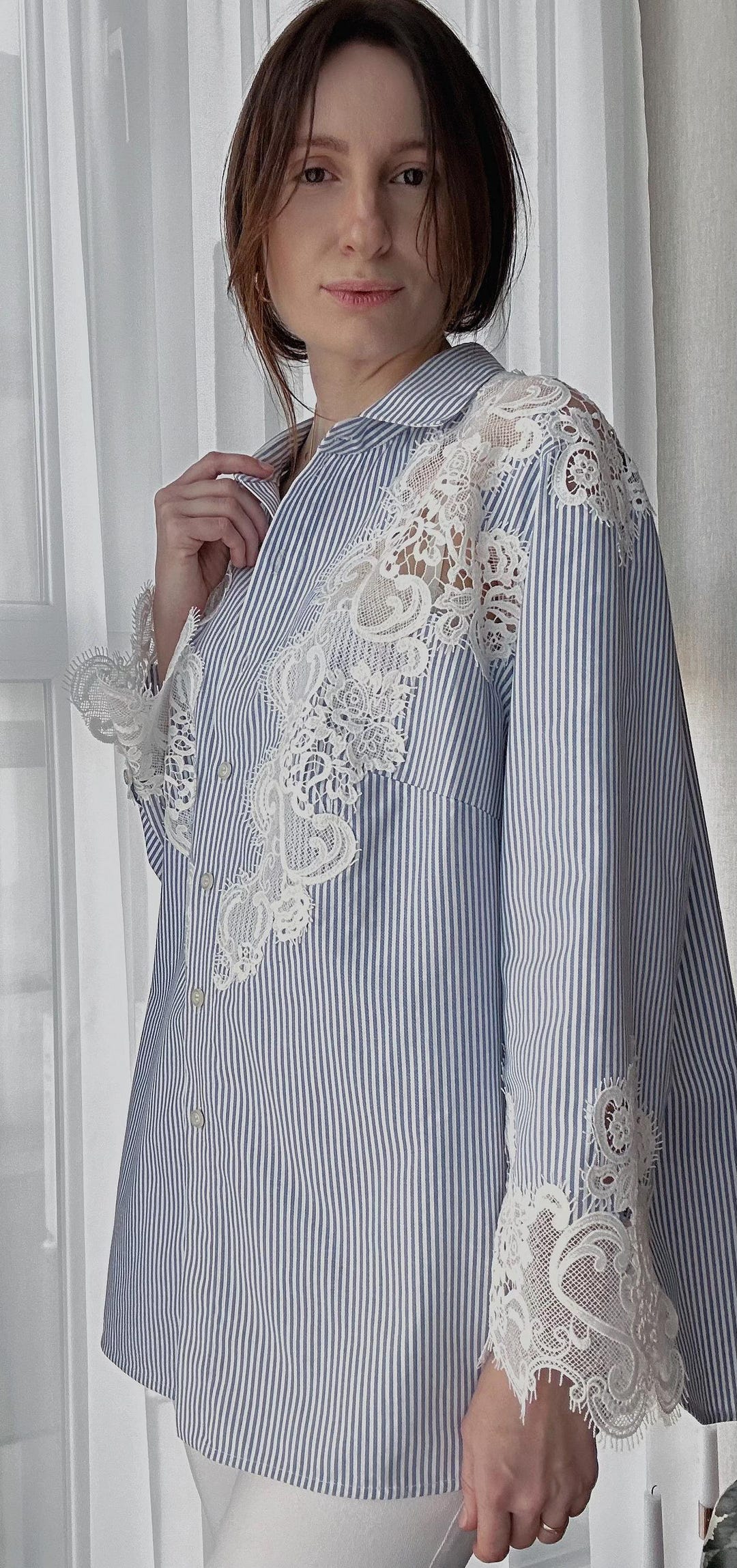 Blouse W Linen Lace, Woman Relaxed Fit White & Blue Stripes Cotton ...