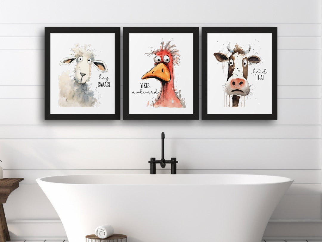 Bathroom Decor Funny Farm Animal Set of 3 Prints, Cow Herd That Chicken ...