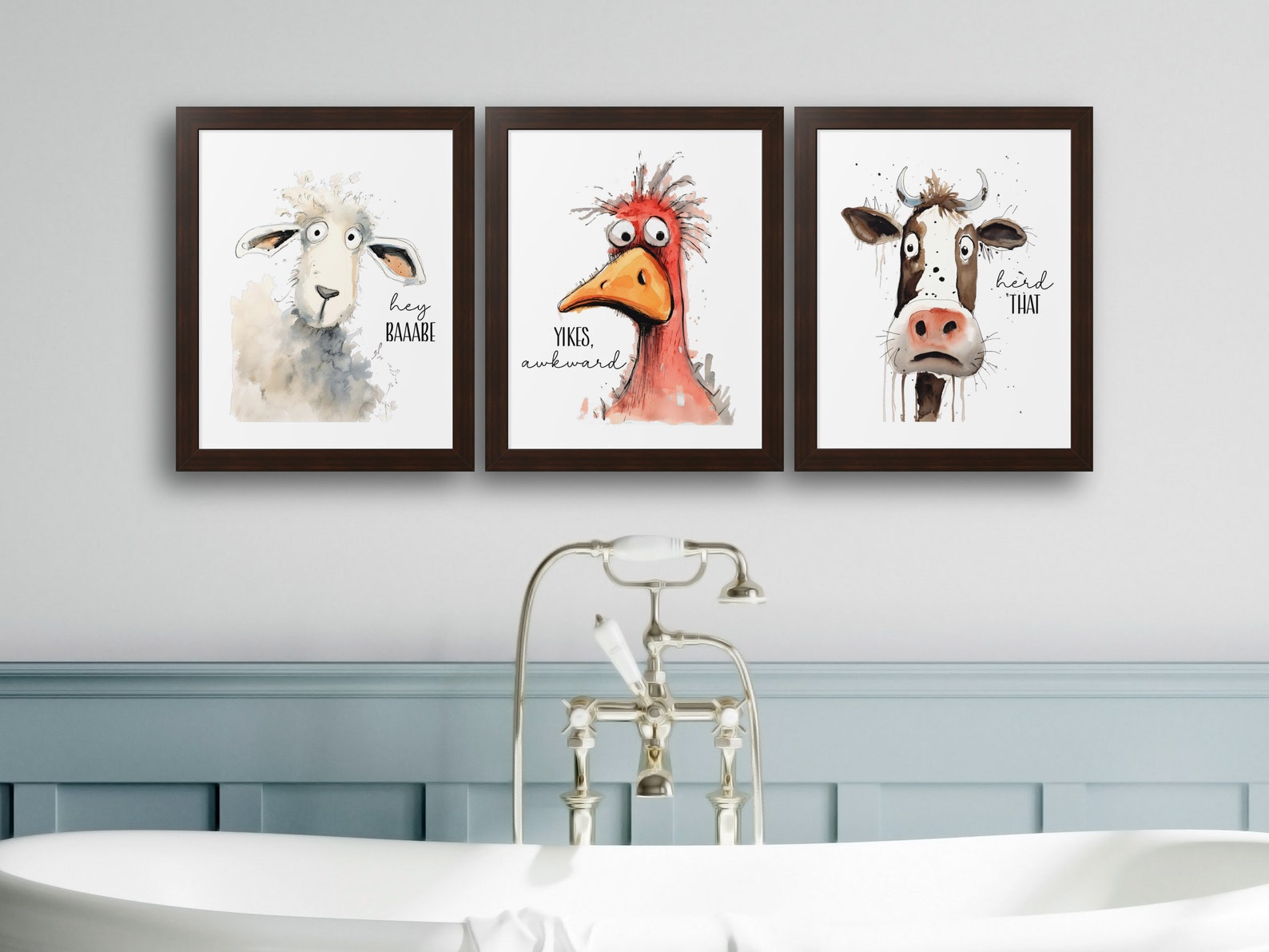 Bathroom Decor Funny Farm Animal Set of 3 Prints, Cow Herd That Chicken ...
