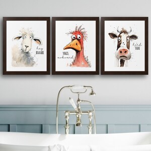Bathroom Decor Funny Farm Animal Set of 3 Prints, Cow Herd That Chicken ...