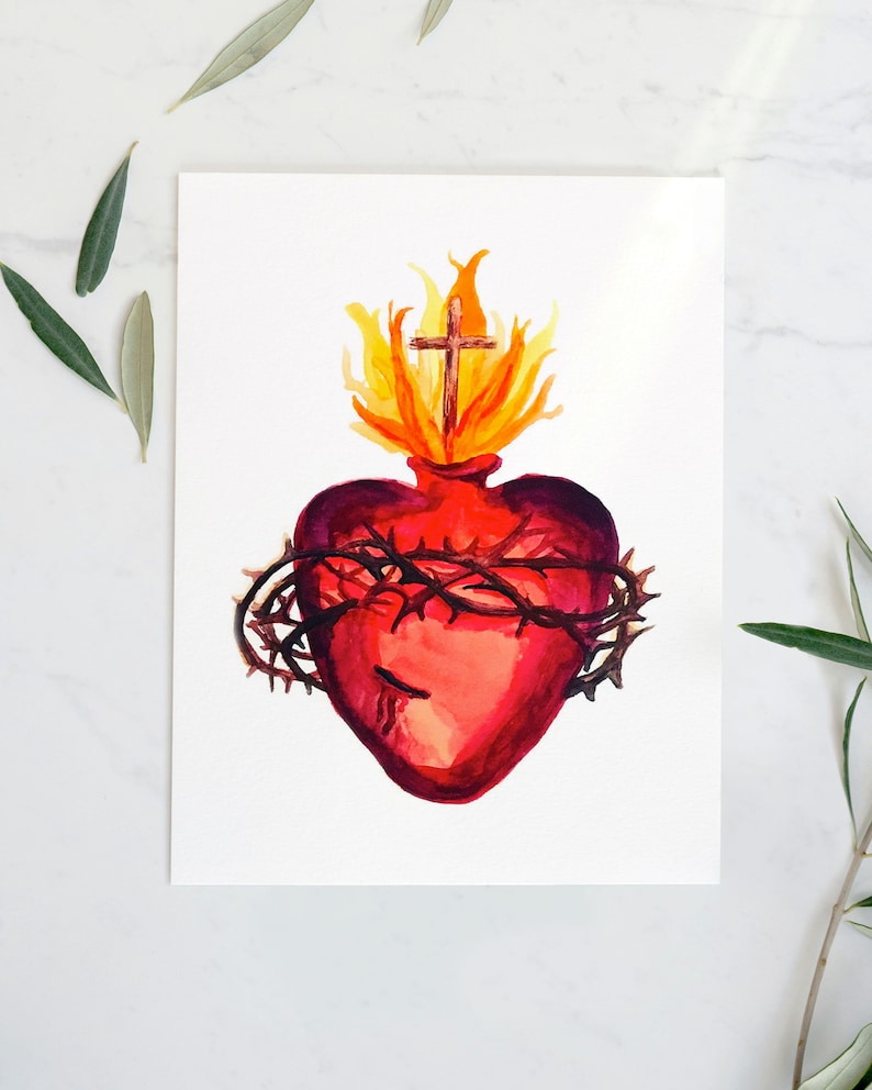 Sacred Heart, Sacred Heart of Jesus Watercolor Print, Milagro, Catholic ...