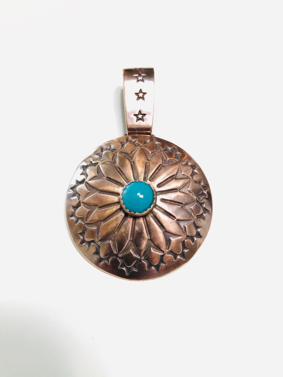 Copper Concho Pendant With Kingman Turquoise Cabochon. Hand Stamped ...