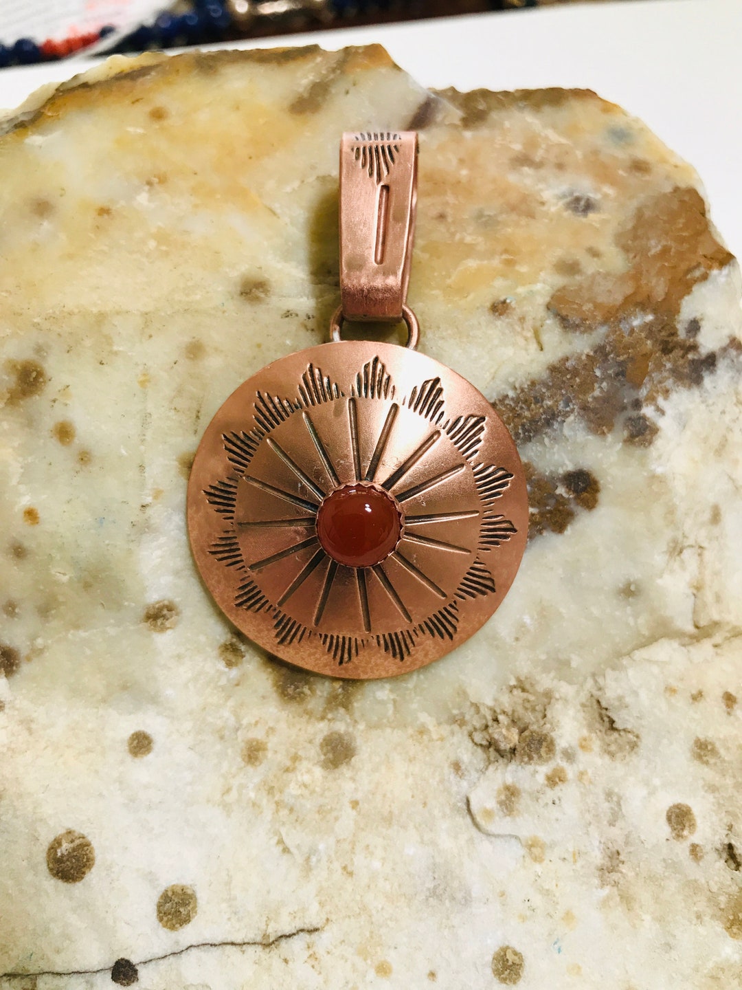 Copper Concho Pendant With Carnelian Cabochon. Made in the USA. - Etsy