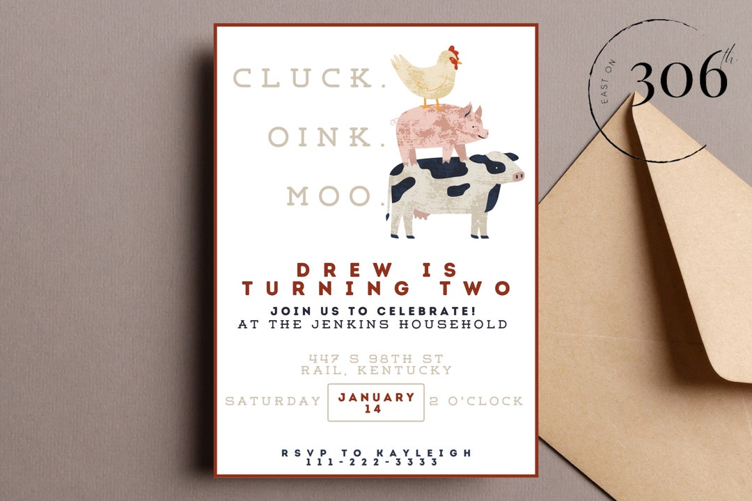 Cluck Oink Moo 2nd Birthday Invitation, Farm Party Invite, Chicken, Pig ...