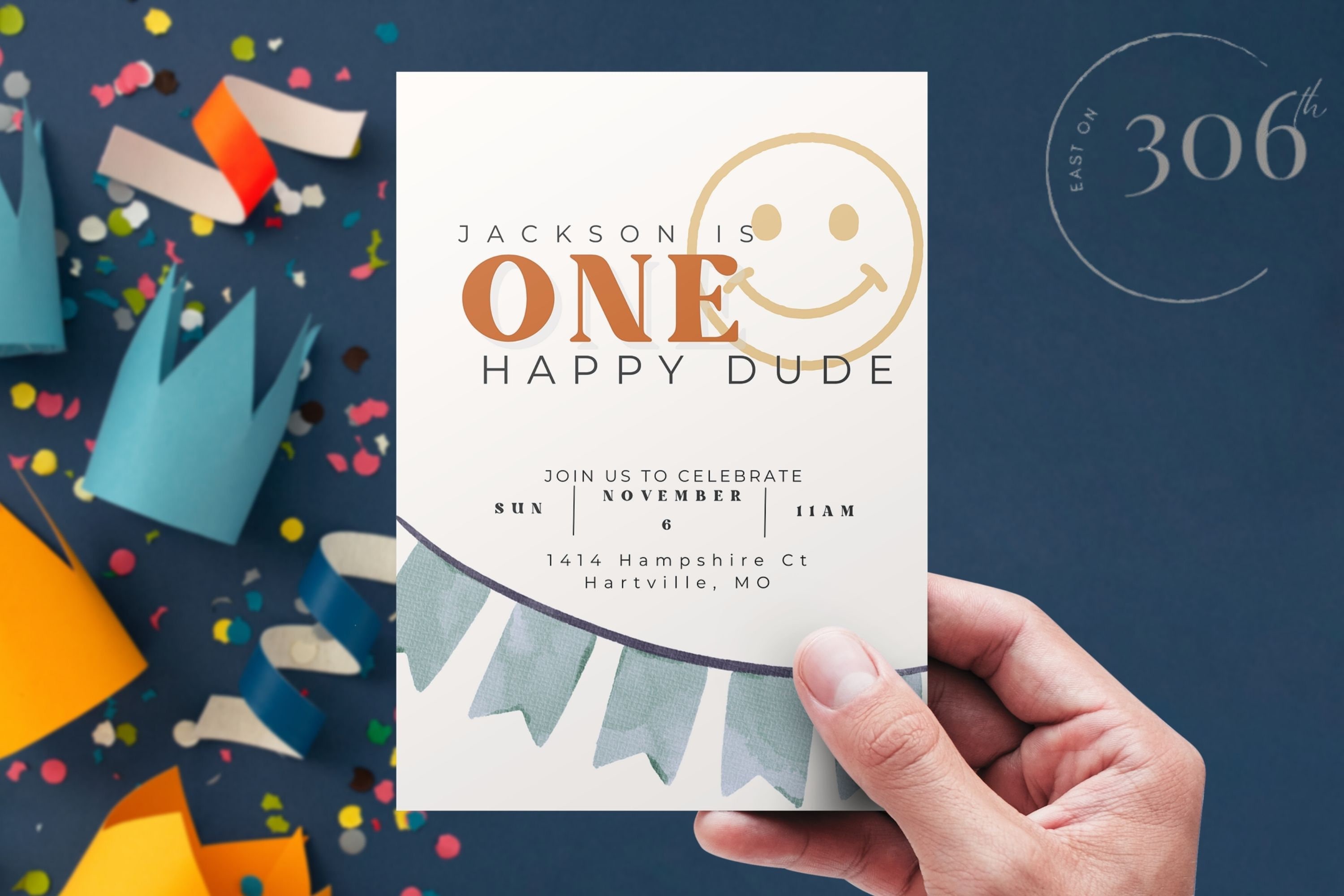 One Happy Dude First Birthday Invitation, Smiley Face Invite for Baby ...
