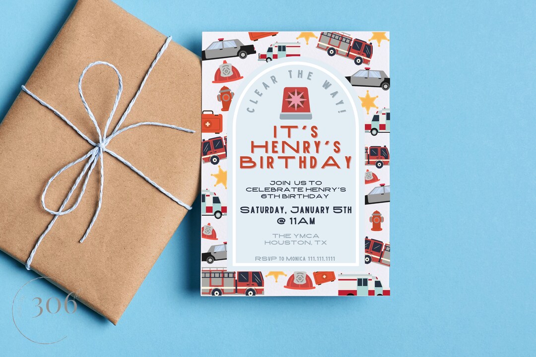 First Responder Birthday Invite Police Car, Fire Truck & Ambulance ...