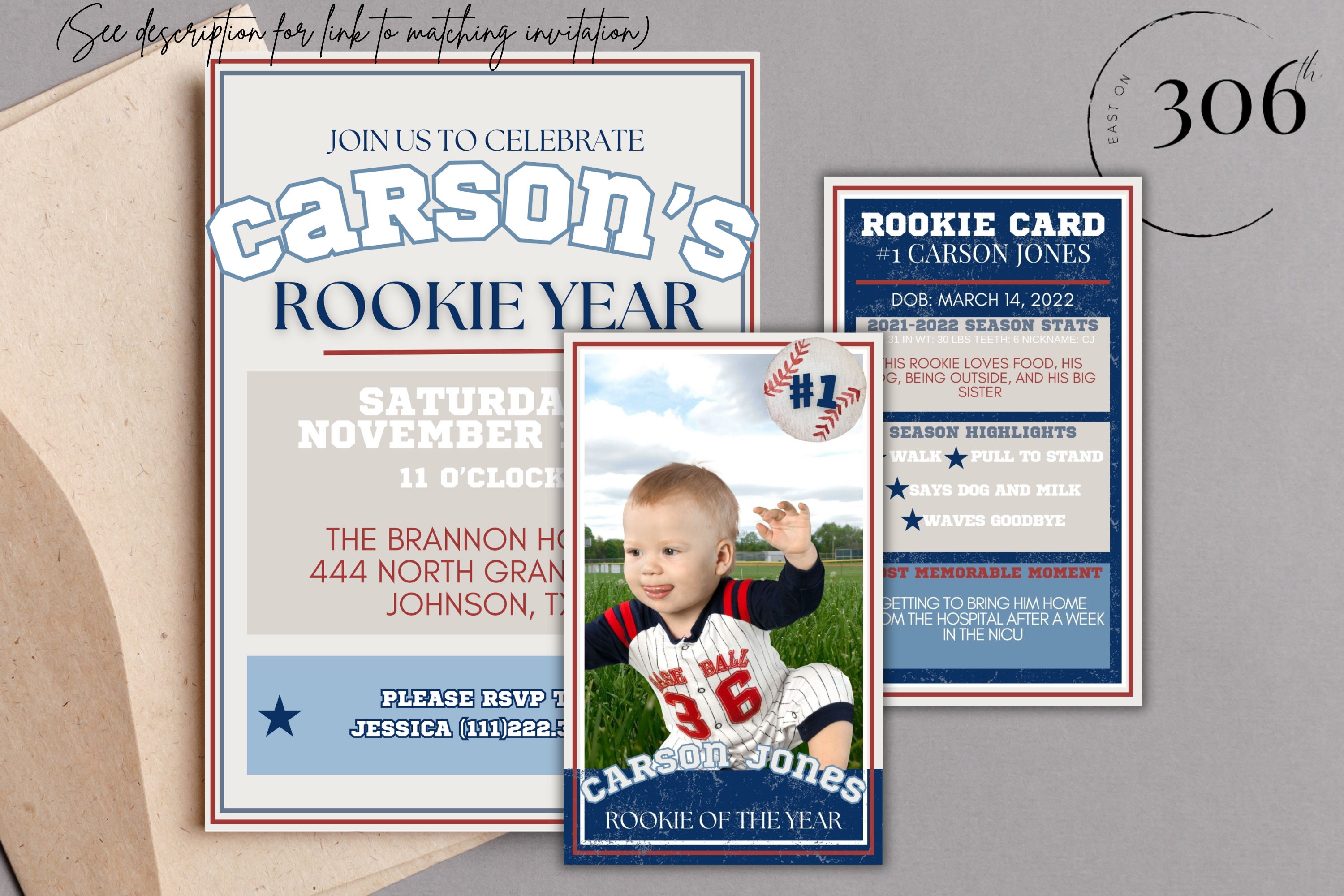 Rookie Card 1st Birthday Invitation Insert, Rookie of the Year Invite ...