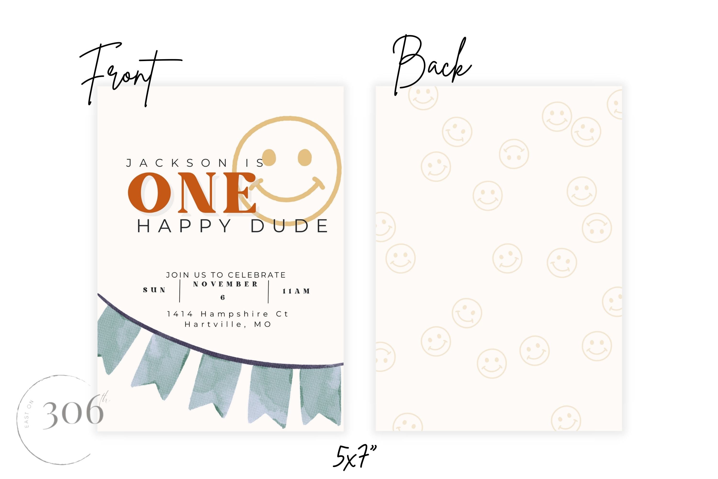 One Happy Dude First Birthday Invitation, Smiley Face Invite for Baby ...