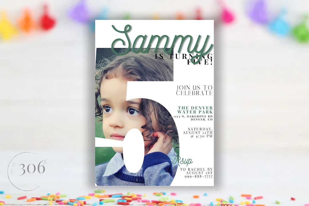 Fifth Birthday Invitation for Five Year Old, Kid's Photo in Age Number ...
