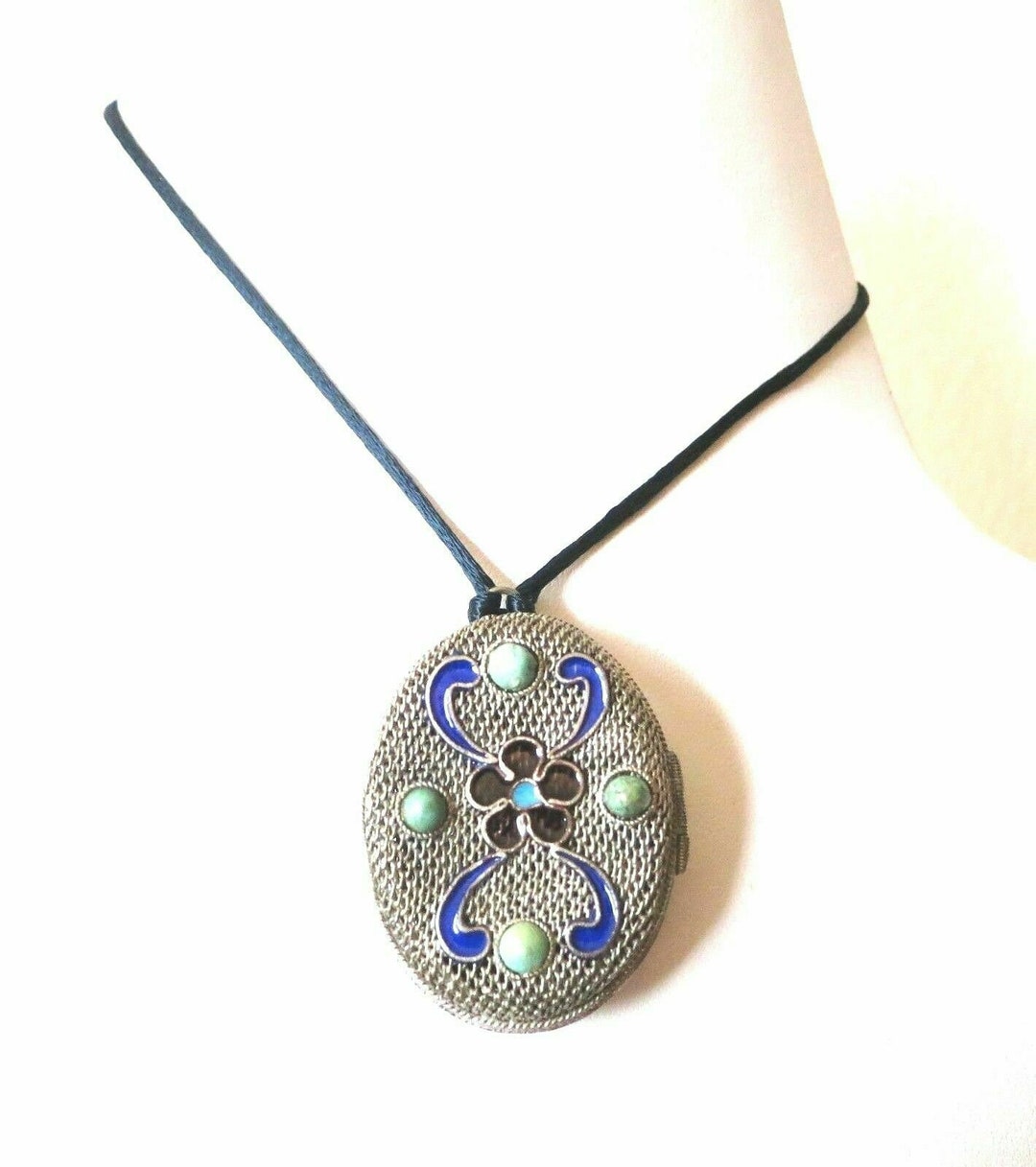 Vintage Chinese Locket Pendant, Turquoise Enamel, Silk Cord Necklace - Etsy