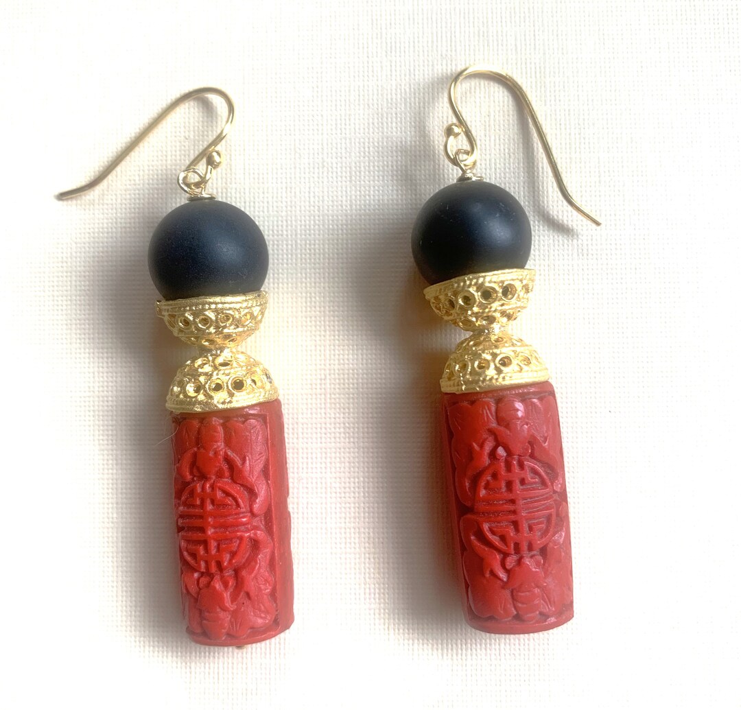 Drama Vintage Chinese Cinnabar Shou Earrings, 18kt Gold Plated Sterling ...