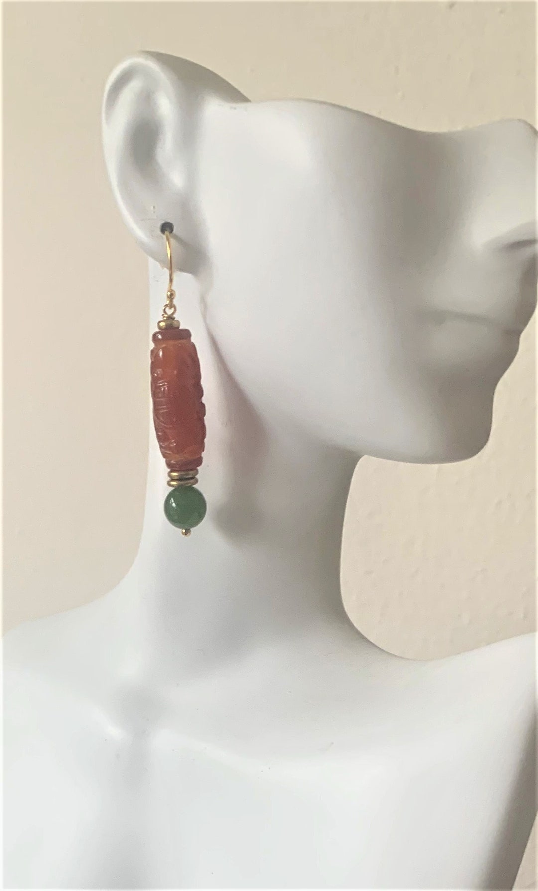 Vintage Chinese Carved Shou Earrings, Old Carnelian Jade Sterling ...