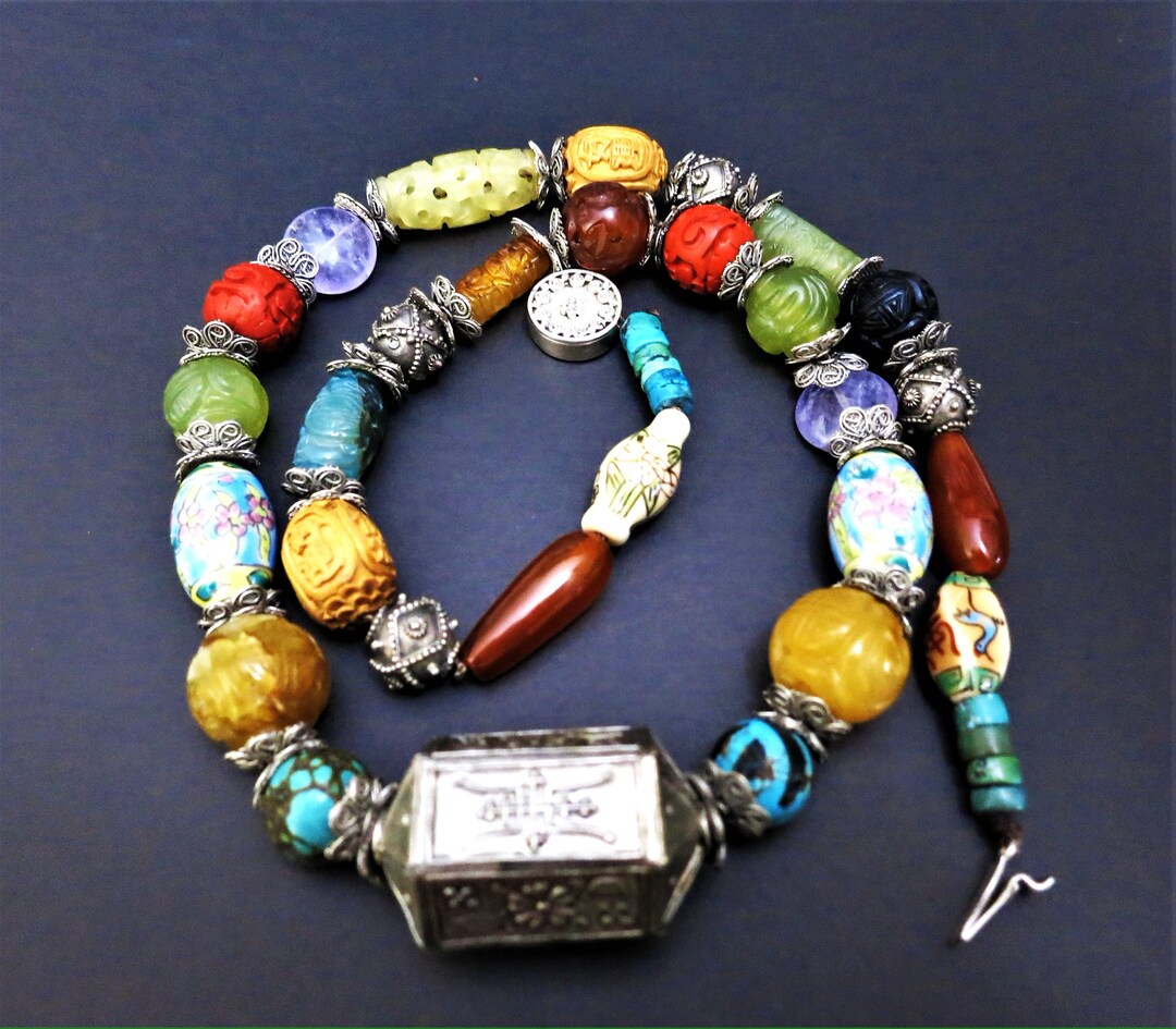 Vintage Chinese Shou Necklace, Old Chinese Jade Carved Turquoise ...