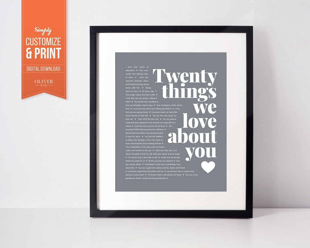 Twenty Reasons Why We Love You; for Men, Women, Him, Dad, Man, Son ...