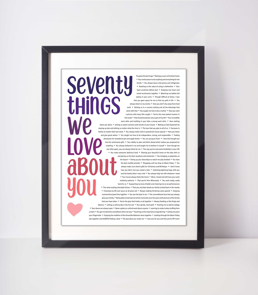70 THINGS We Love About You; 70th Birthday; Gift for Aunt; Gift for ...