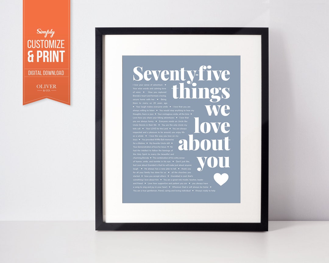 75 Things We Love About You Personalized Printable, 75th Birthday Gift ...